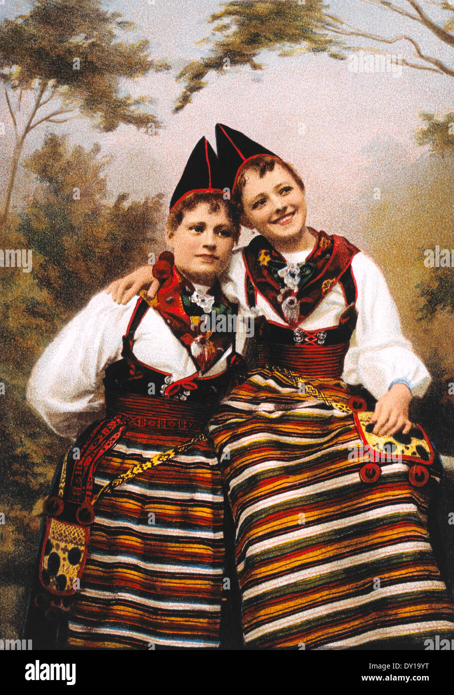 Two Young Women, Portrait, Rattvik, Sweden, Chromolithograph of ...