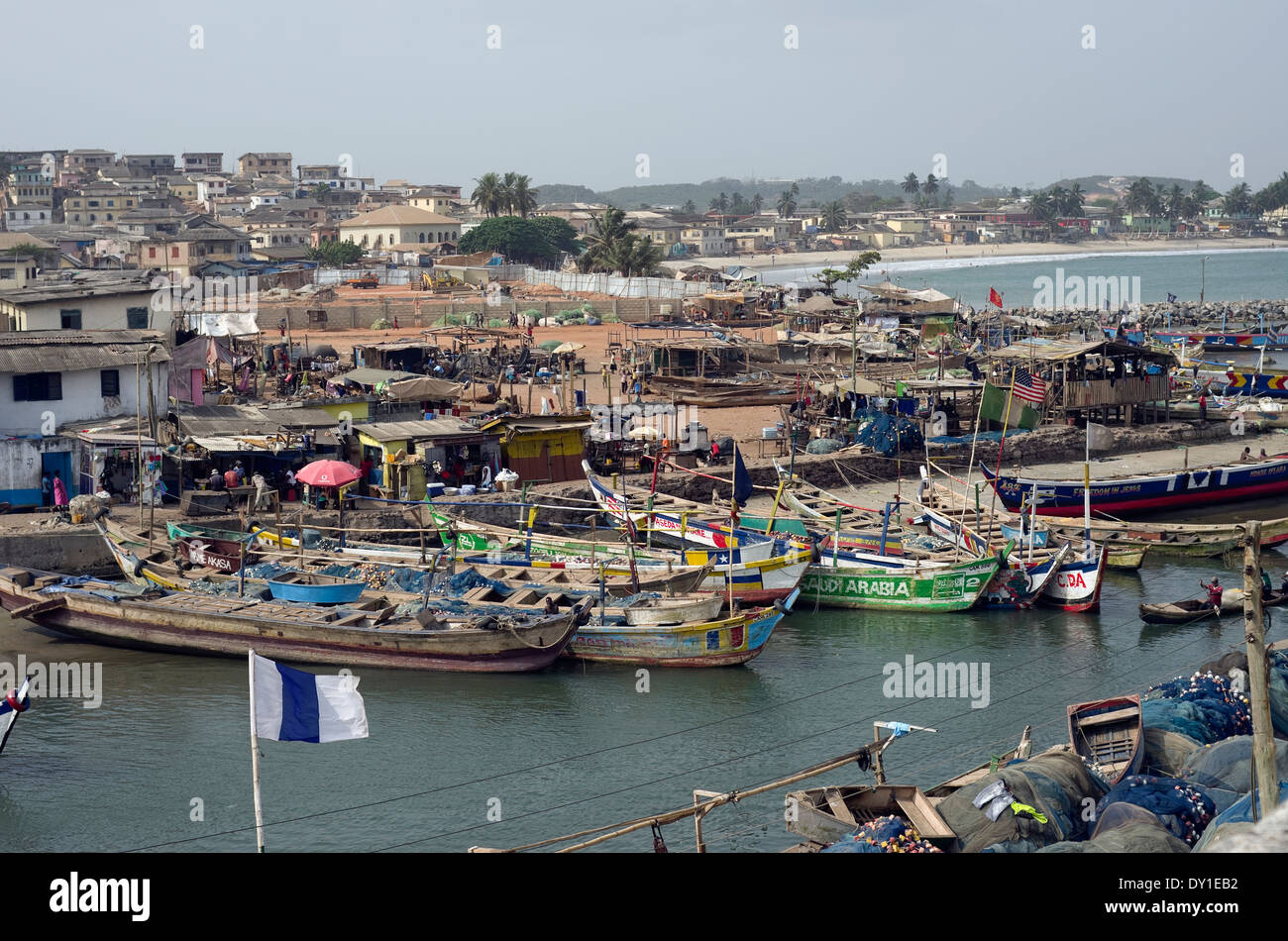 ACCARA, GHANA - FEBRUARY, 2014: Fishing boats in rural fishing village ...