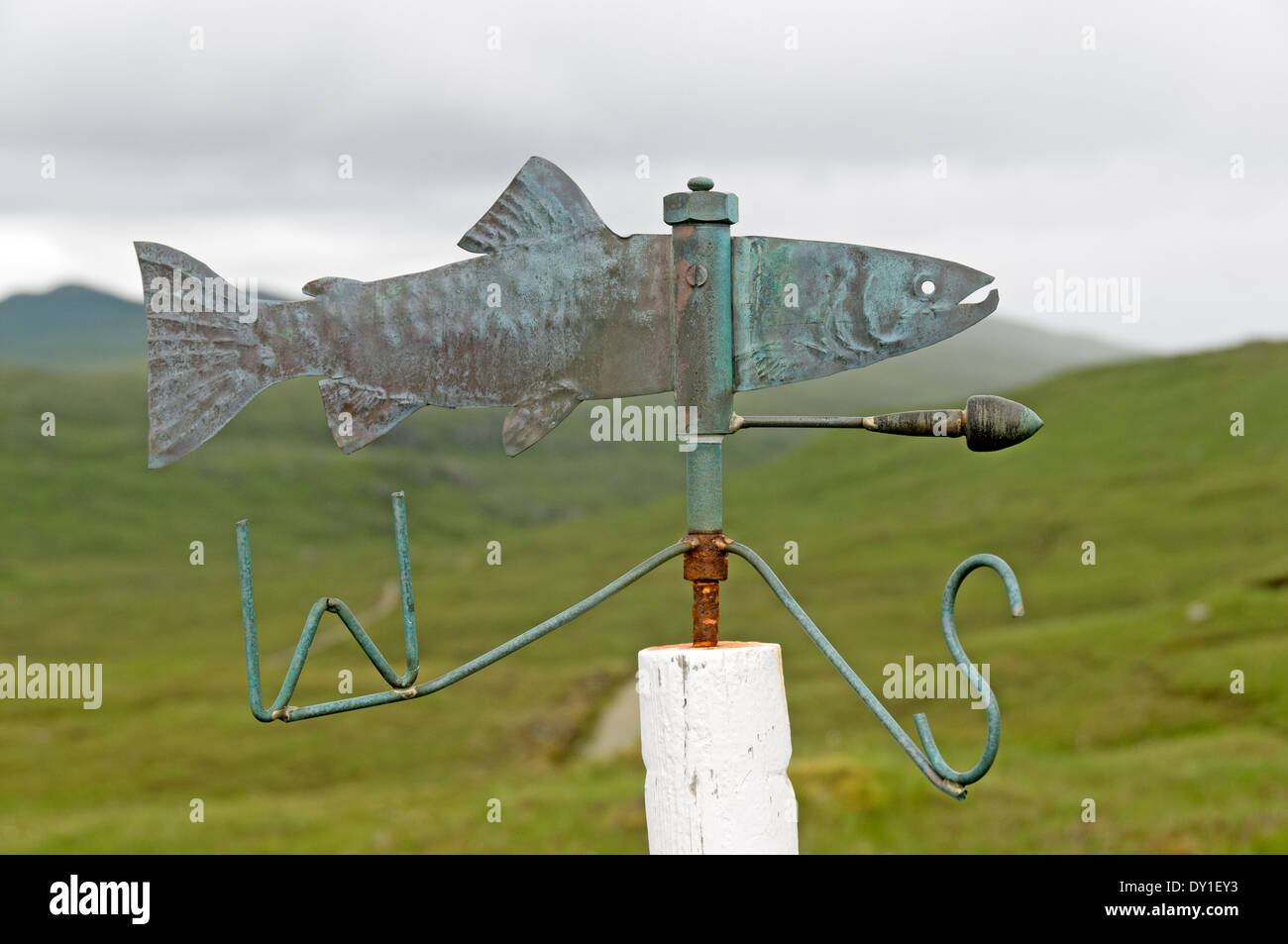 Fish wind vane at an isolated remote spot below Beinn Mhór, Pairc (Park ...