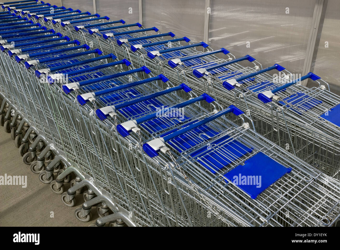 Empty shopping carts in the parking lot, no buyers. Concept of bad time of crisis. Perspective ...