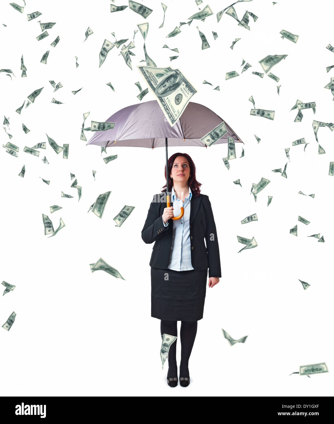 businesswoman with umbrella and money rain Stock Photo - Alamy