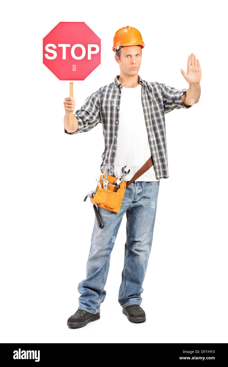 Road worker holding stop sign hi-res stock photography and images - Alamy