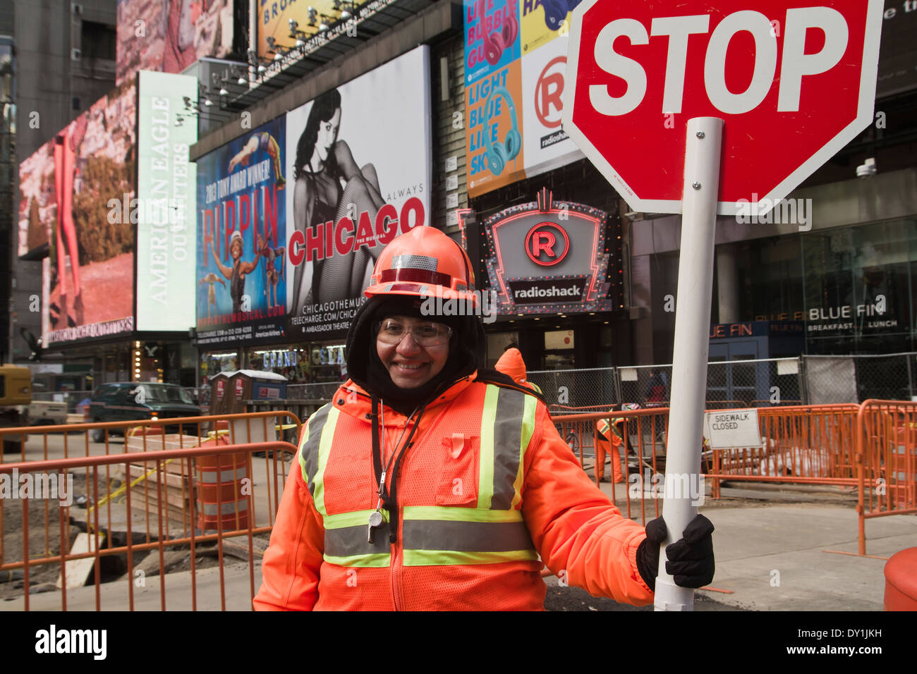 Female construction worker in Times Square New York 24.03.2014 Stock ...