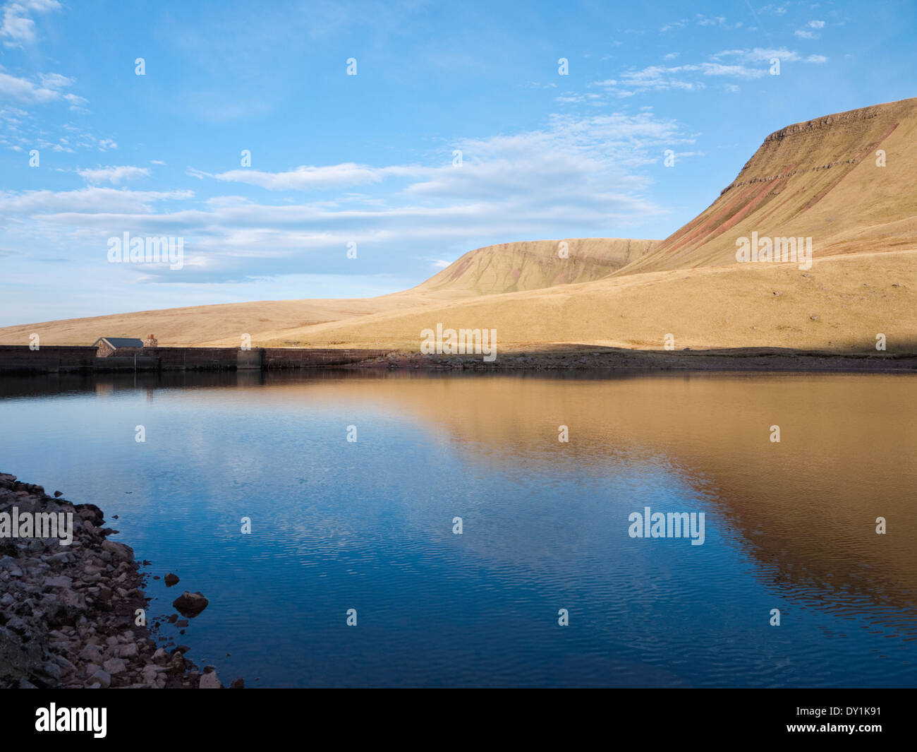 Fan Foel & Picws Du viewed across the dammed Llyn y Fan Fach reservoir ...