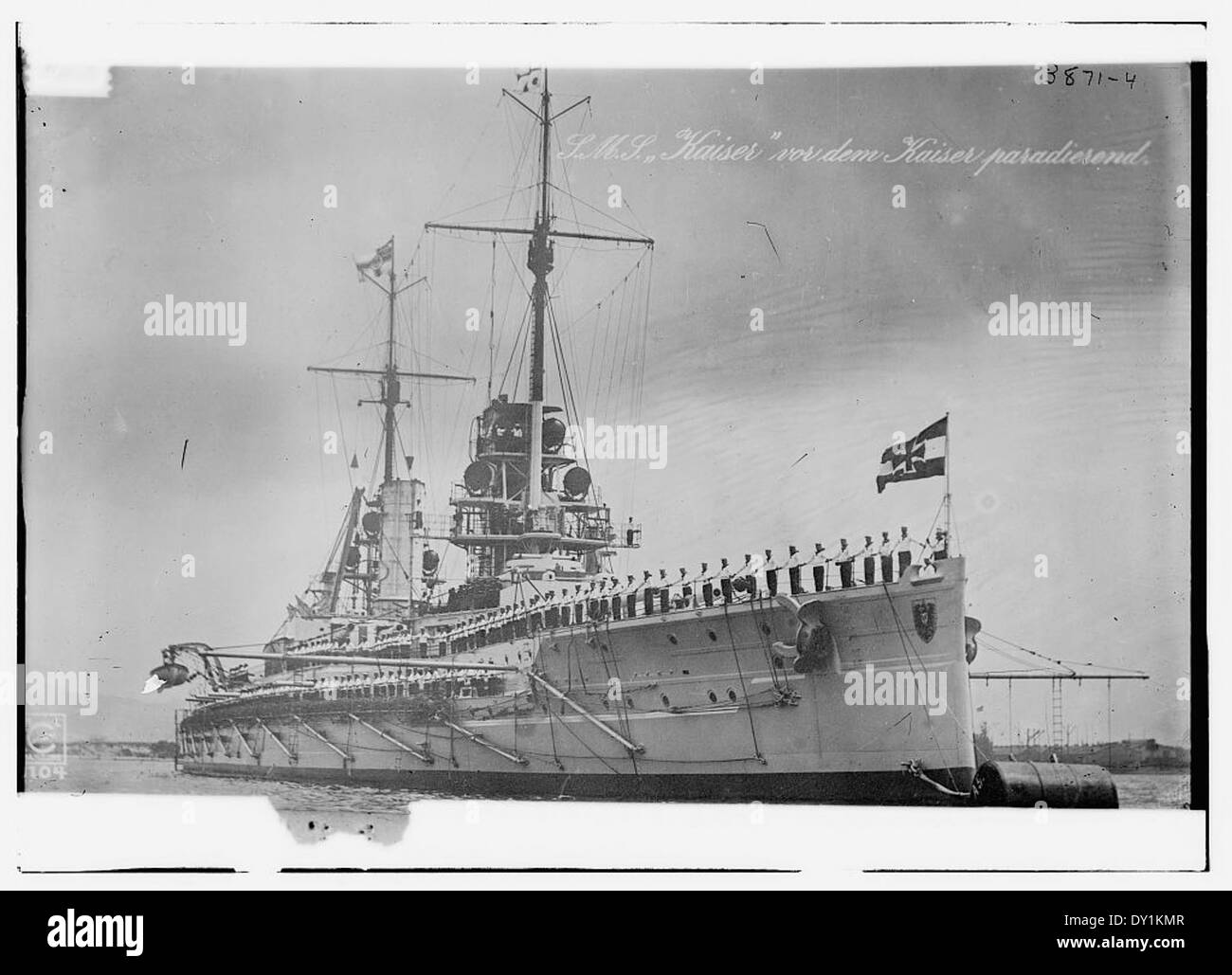 This historical photograph captures the German battleship 'Kaiser' as ...