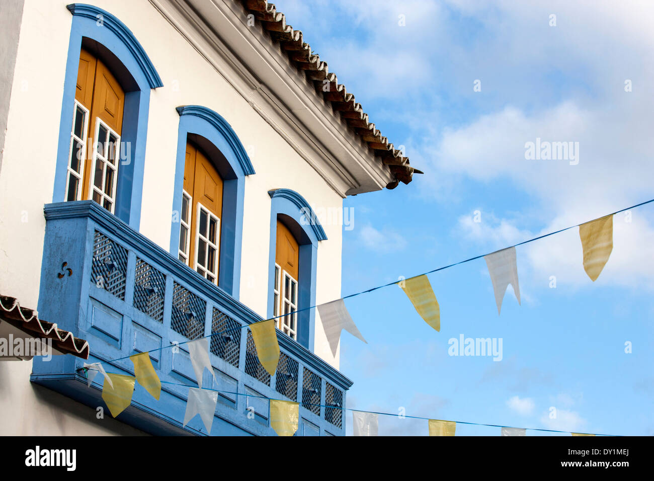 Paraty, colonial town, typical colonial house with balcony, flags, Rio ...