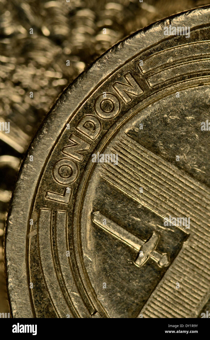 Concept Pound Sterling / Euro Dollar Exchange. Edge of old style £1 ...