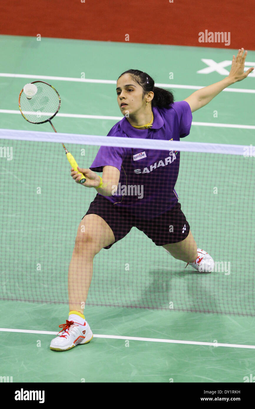 New Delhi, India. 3rd Apr, 2014. Indian player Saina Nehwal competes ...