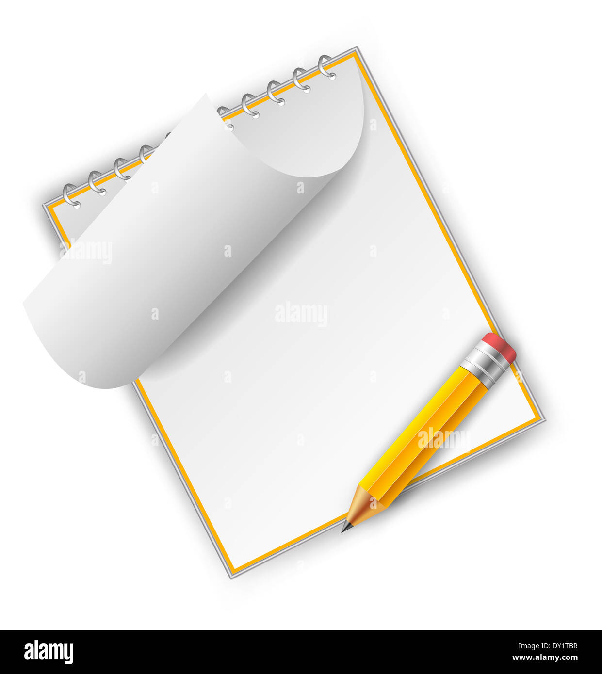 Orange notepad with pencil isolated on white Stock Photo - Alamy