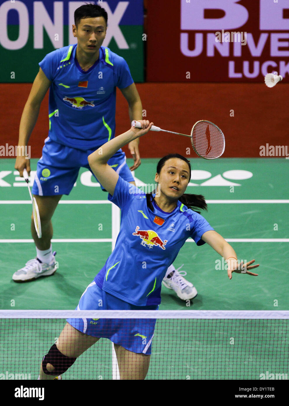 New Delhi, India. 3rd Apr, 2014. Chinese players Zhang Nan (Top) and ...