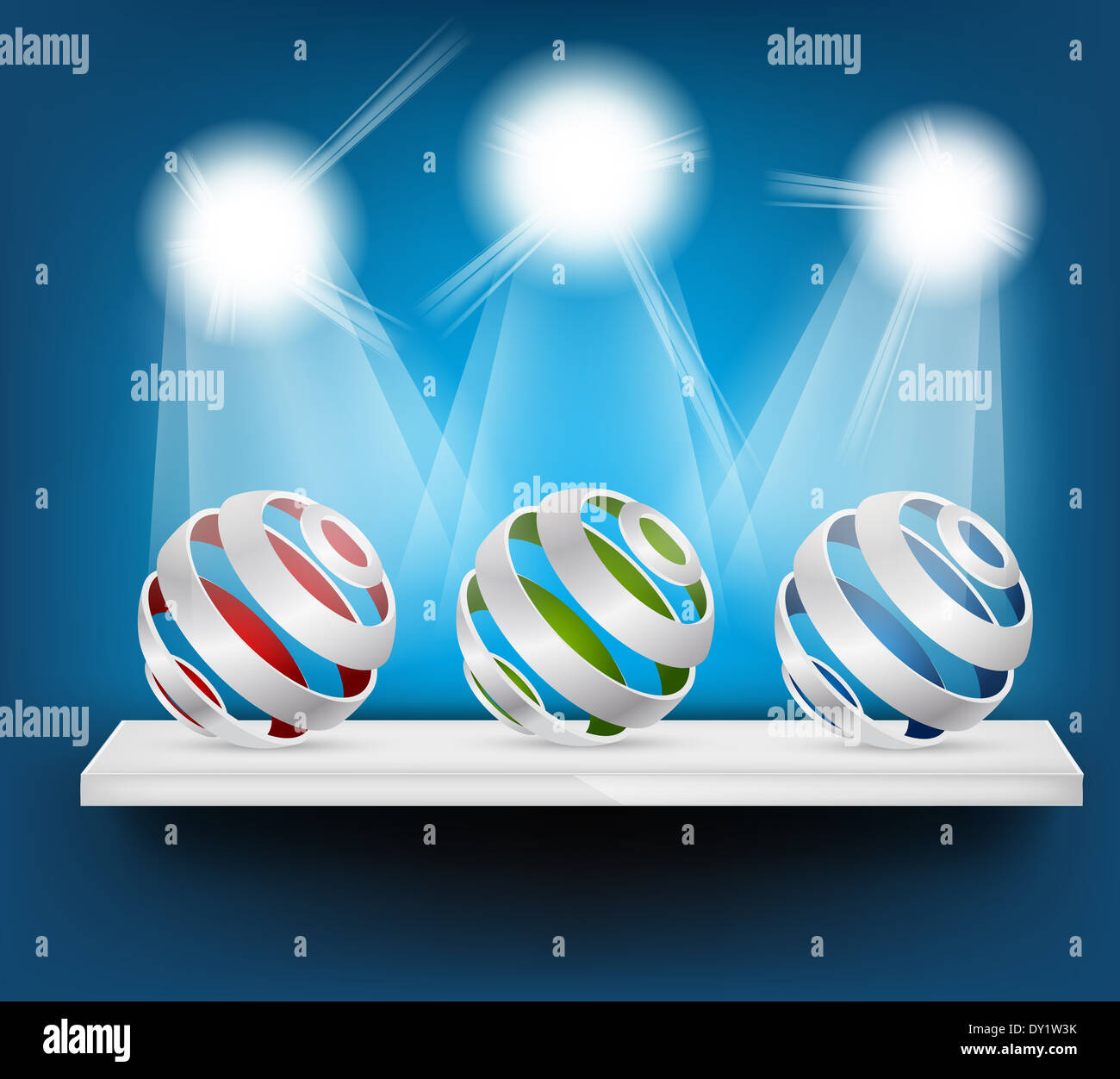 Blue background with spheres on white shelf Stock Photo - Alamy