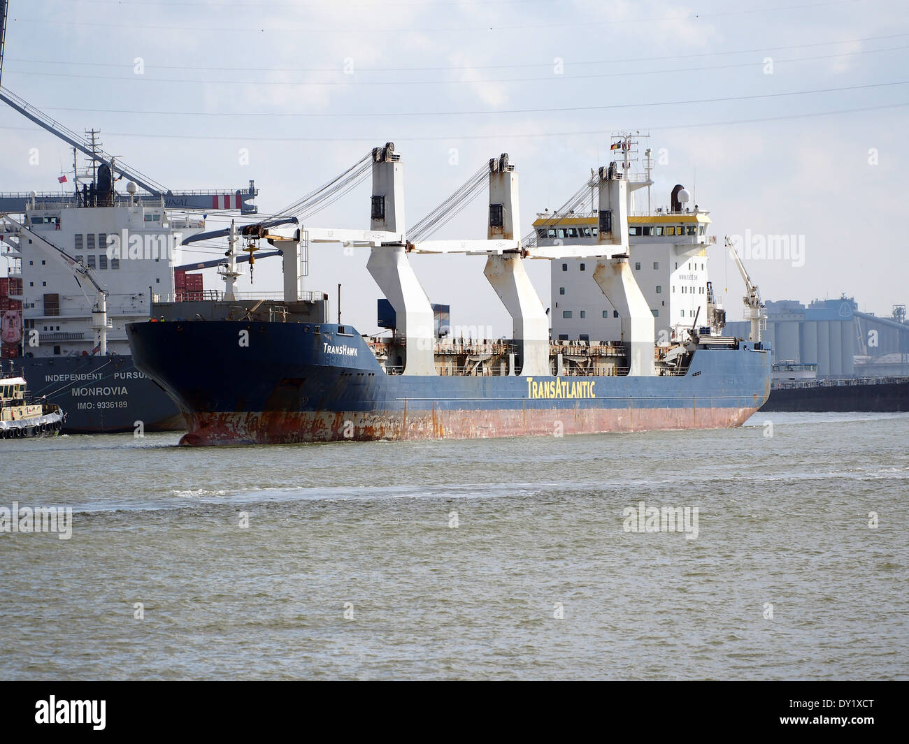 The Transhawk, with IMO number 9248552, is seen docked at the Port of Antwerp. The vessel is a ...