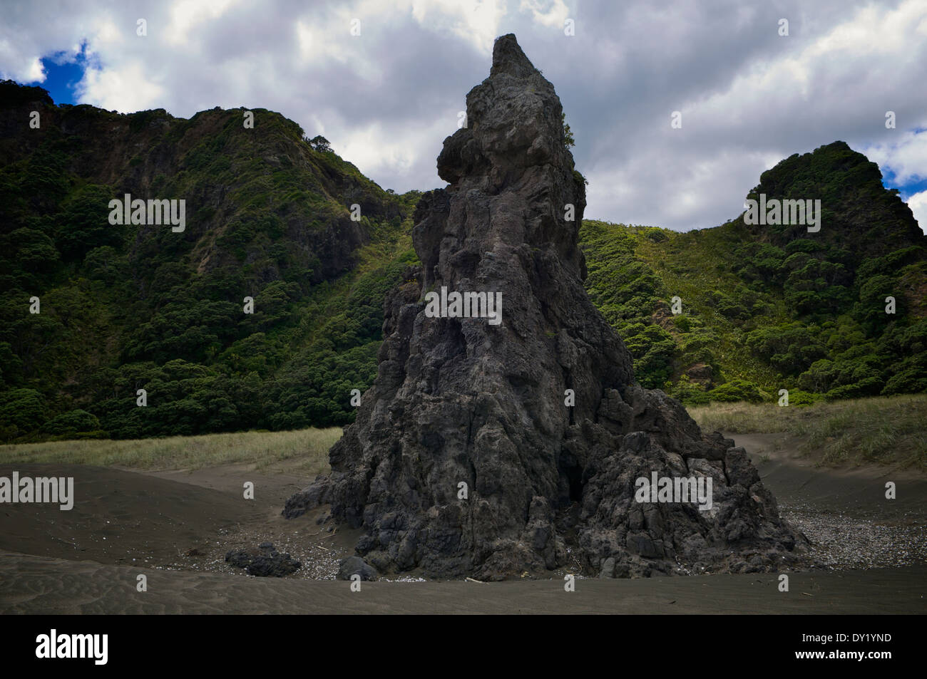 Volcanic extrusion on the beach against Karekare's green hills, New ...