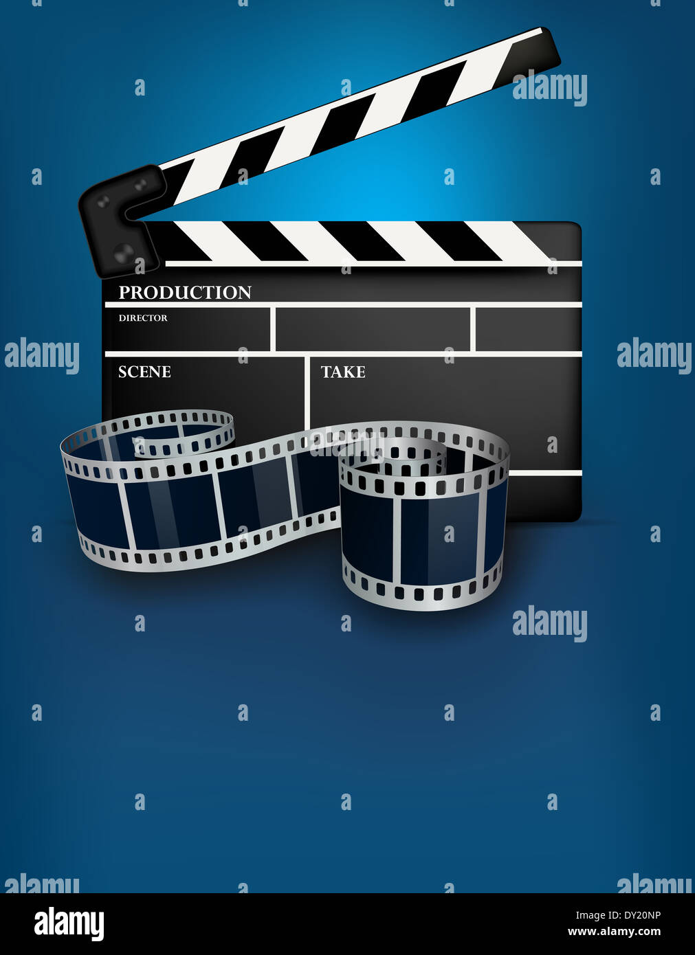 Blue cinema background with black movie clapper Stock Photo - Alamy
