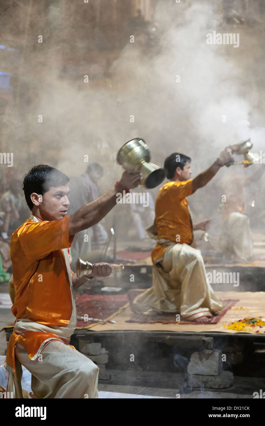 Varanasi, India. Ganga Aarti at night Stock Photo - Alamy