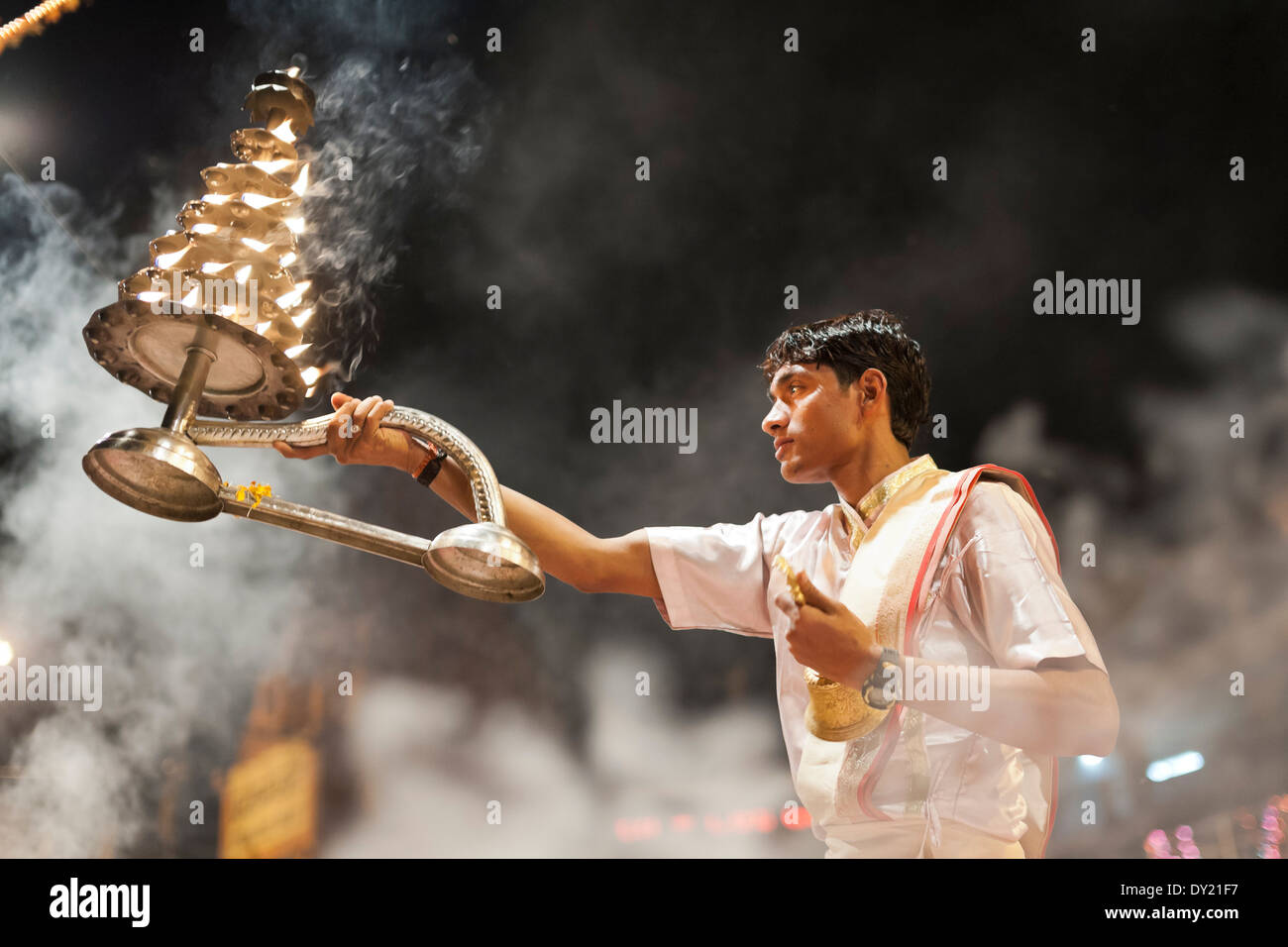 Varanasi, India. Ganga Aarti at night Stock Photo - Alamy