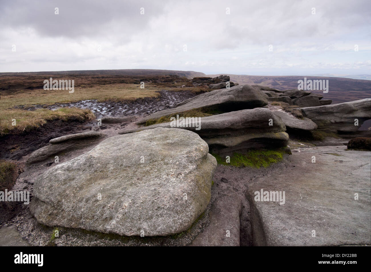 Gritstone rock on the edge of Kinder Scout. Following the path on the ...