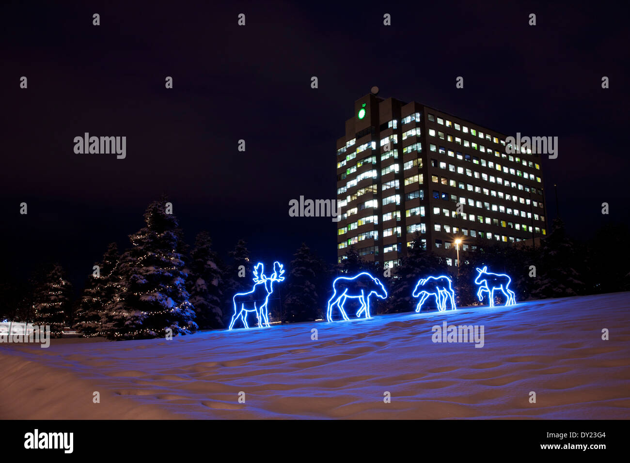 Moose Christmas Decorations And The Bp Building At Night In Midtown ...