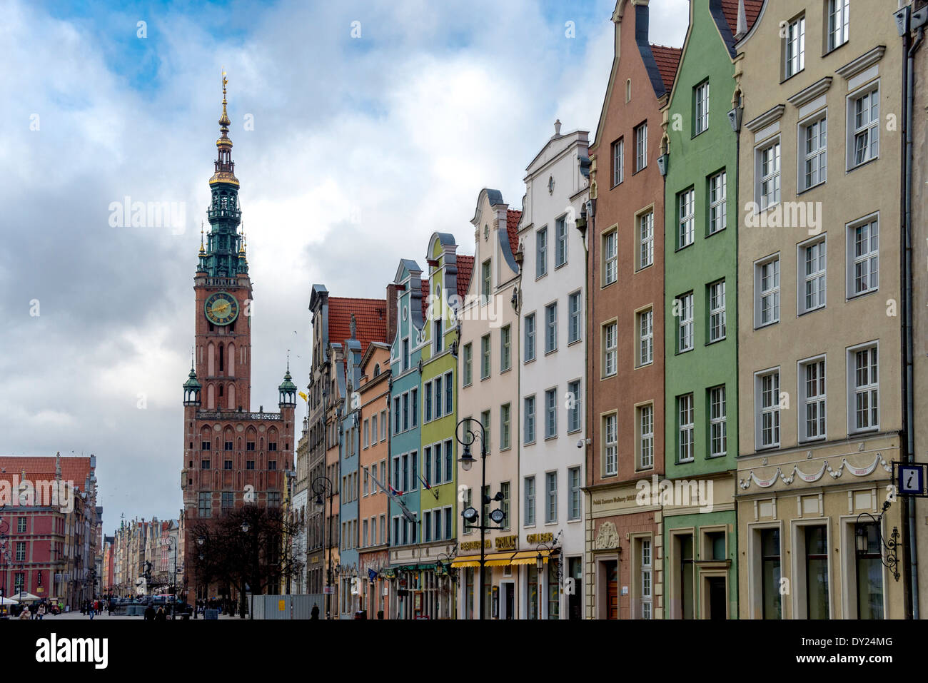 Ornate architecture and Town Hall on Dluga Street in Gdansk Danzig ...
