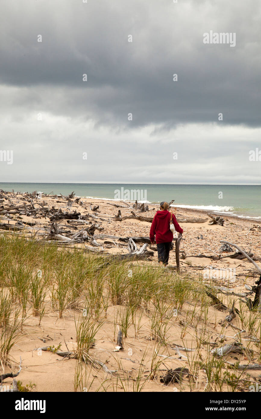 Woman exploring on beach at Whitefish Point, Michigan Stock Photo - Alamy