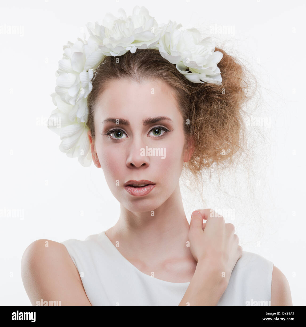Beautiful tender woman wearing headpiece and white dress Stock Photo ...