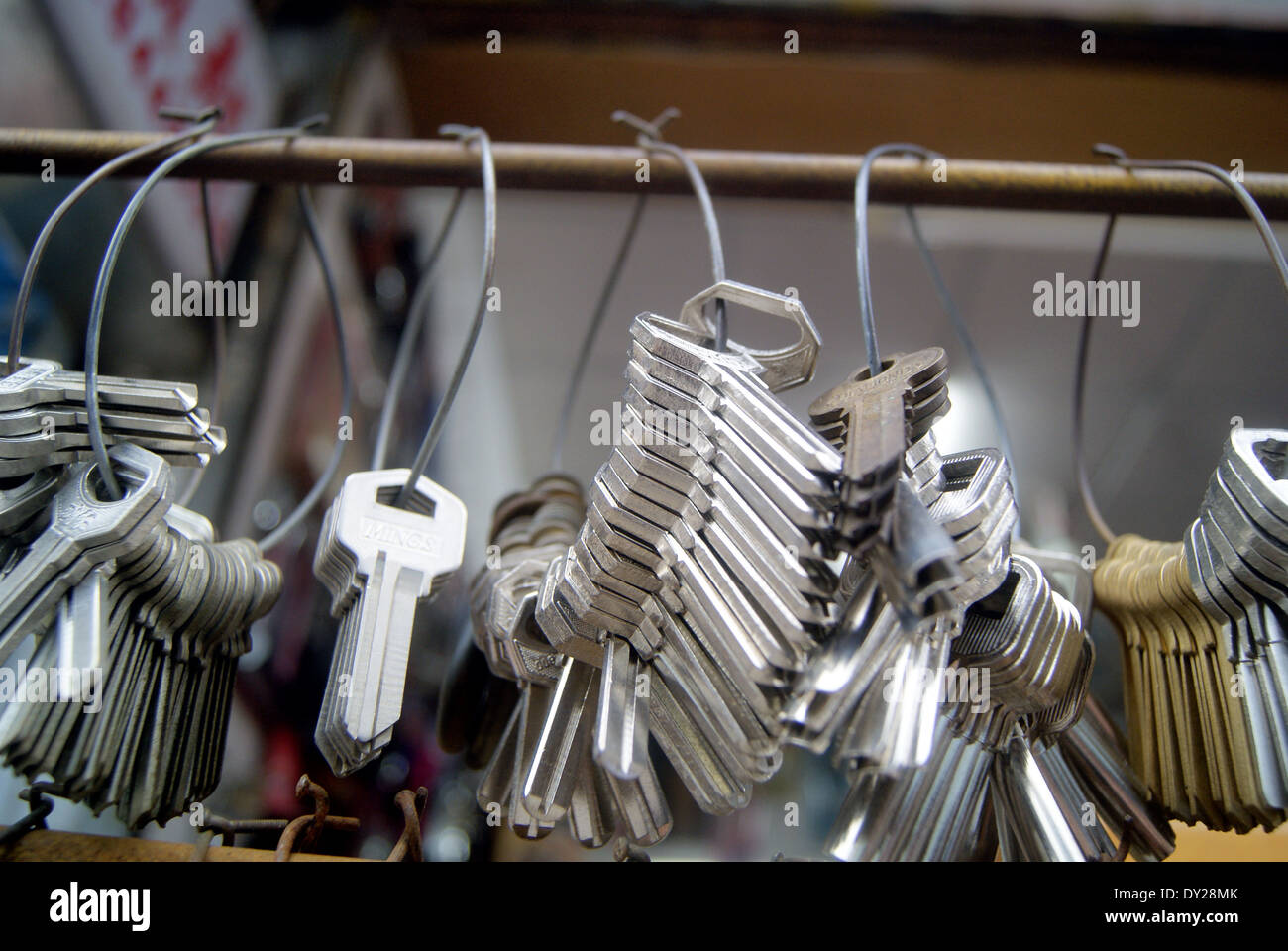 A bunch of keys, hanging in the key store Stock Photo - Alamy