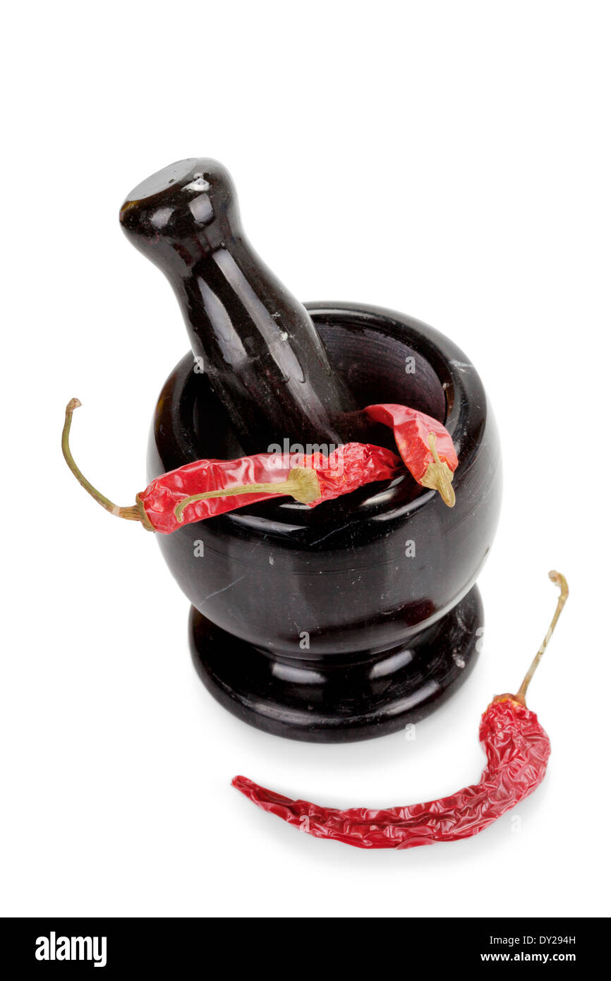 Black marble mortar and pestle with red chilli pepper isolated on white ...