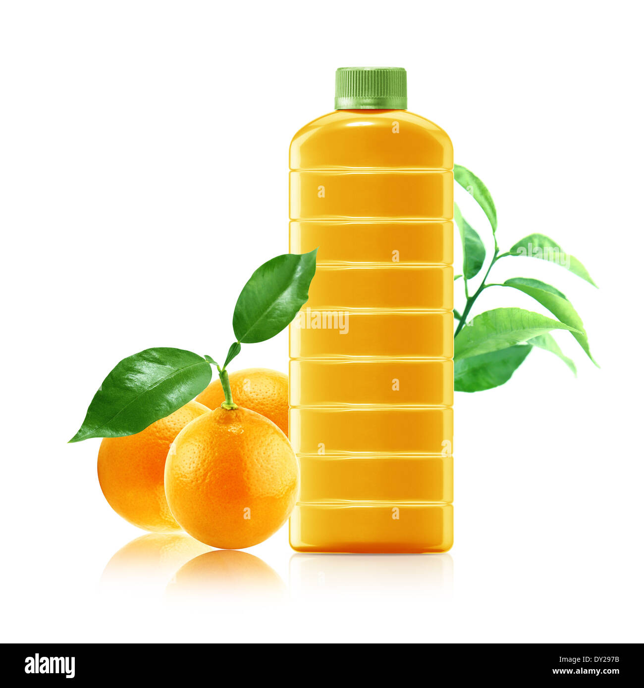 Orange juice in a plastic container jug with fresh orange and leaves on ...