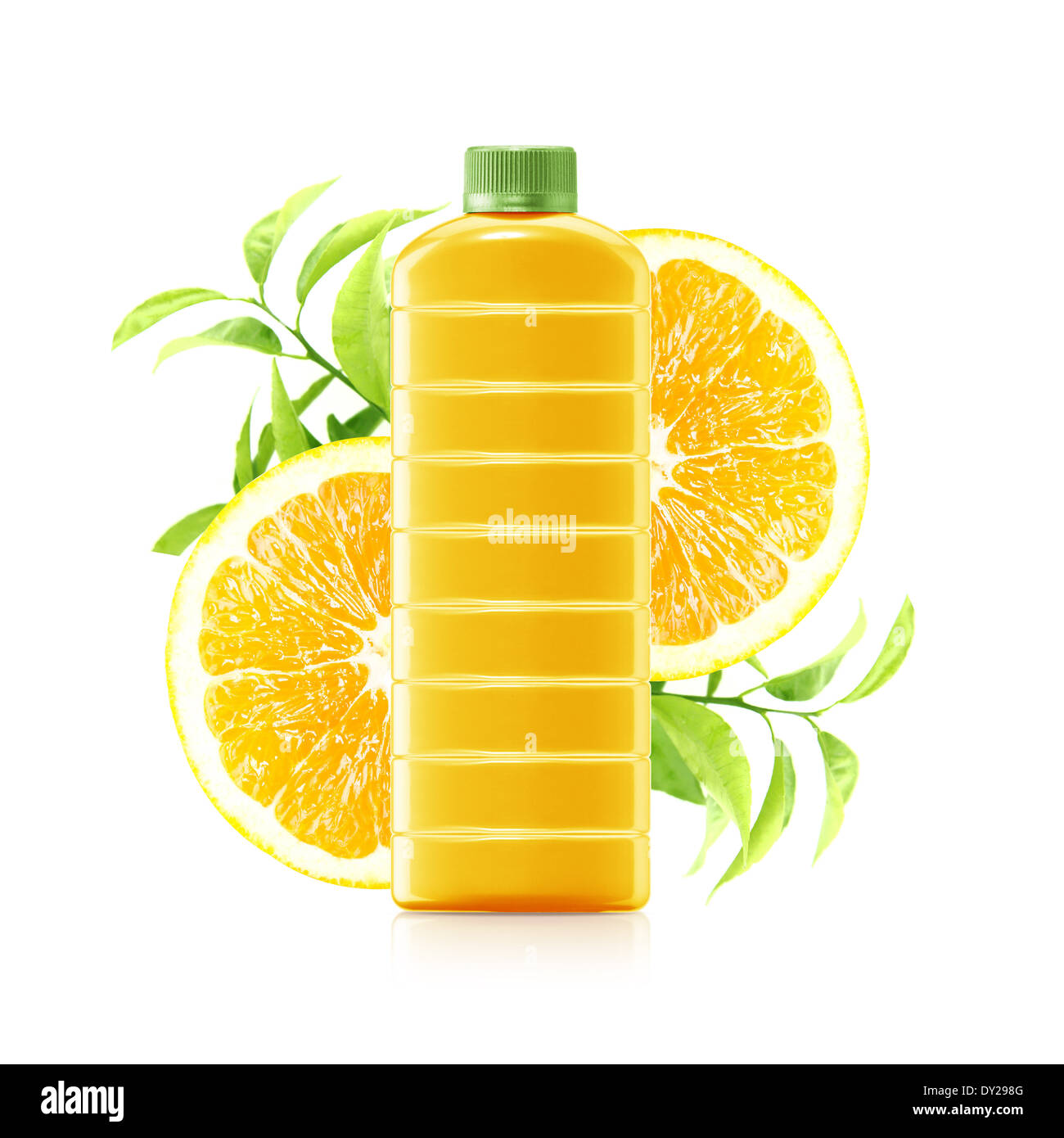 Orange juice in a plastic container jug with fresh orange and leaves on ...