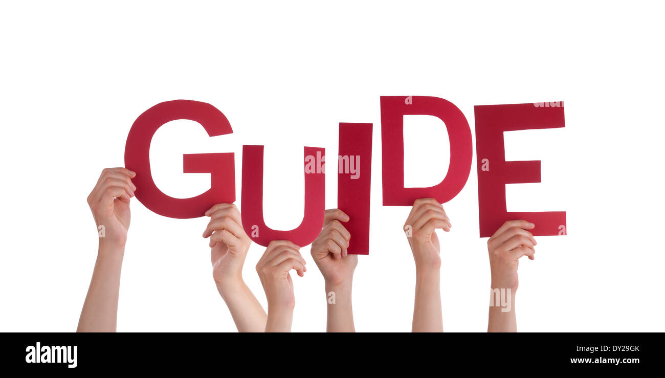 Many Hands Holding the red Word Guide, Isolated Stock Photo - Alamy