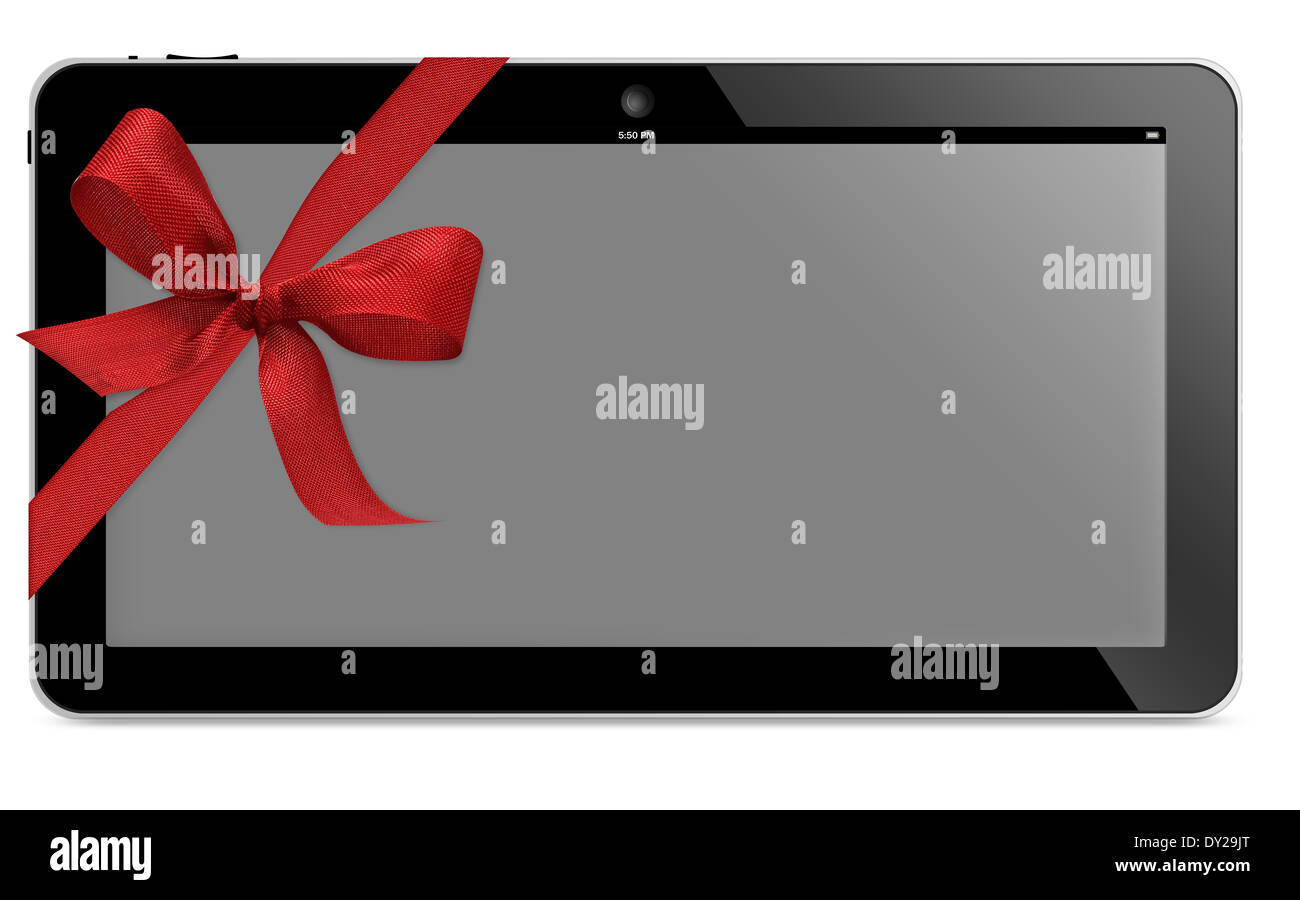 tablet computer with wide screen with red ribbon isolated on white ...