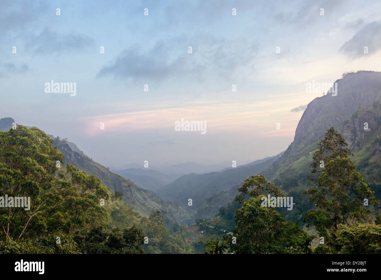 Ella, Central Highlands, Sri Lanka. View of the Ella Gap valley, sunset ...