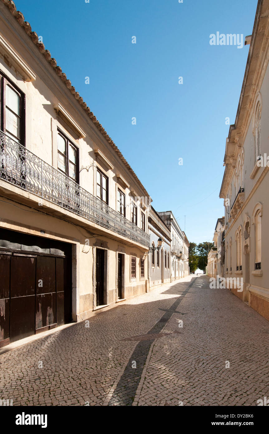 Traditional tiled building and mosaic tiled street in the old town of ...