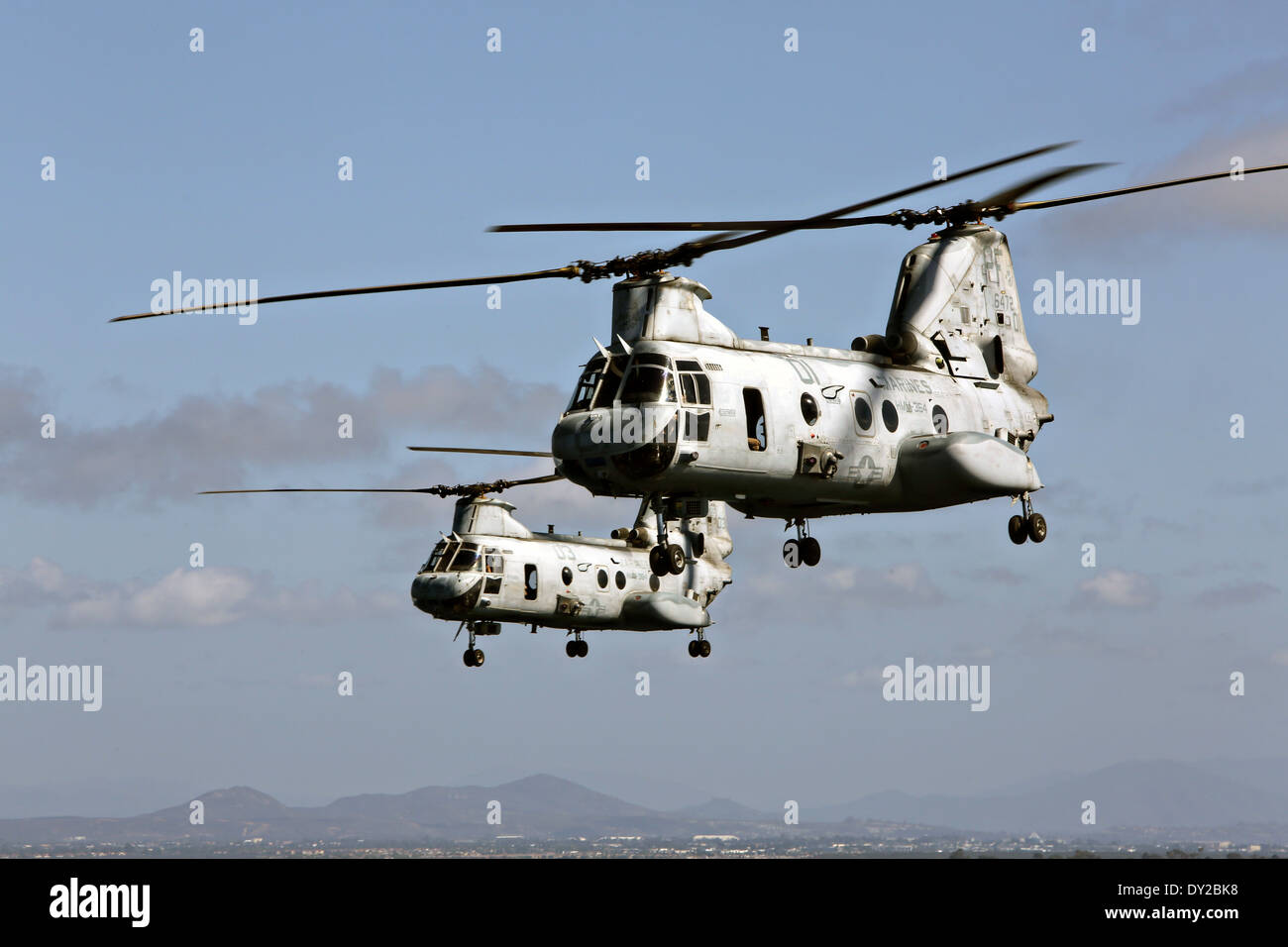 US Marines fly CH-46E Sea Knight helicopters in formation March 31 ...