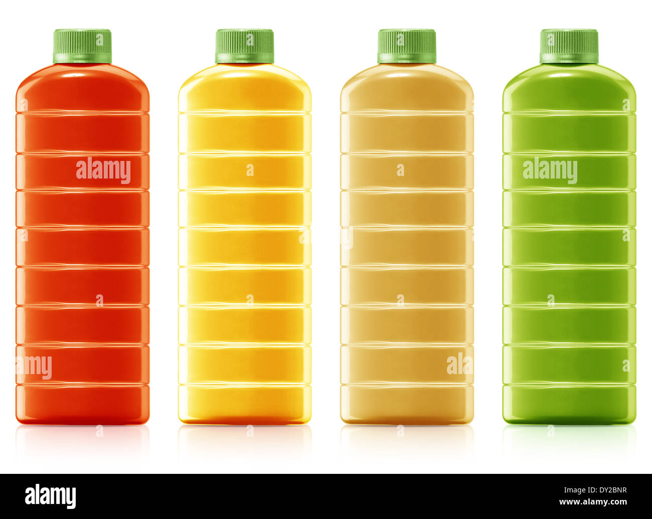 different bottles of juice, juice in a plastic container jug on a white ...