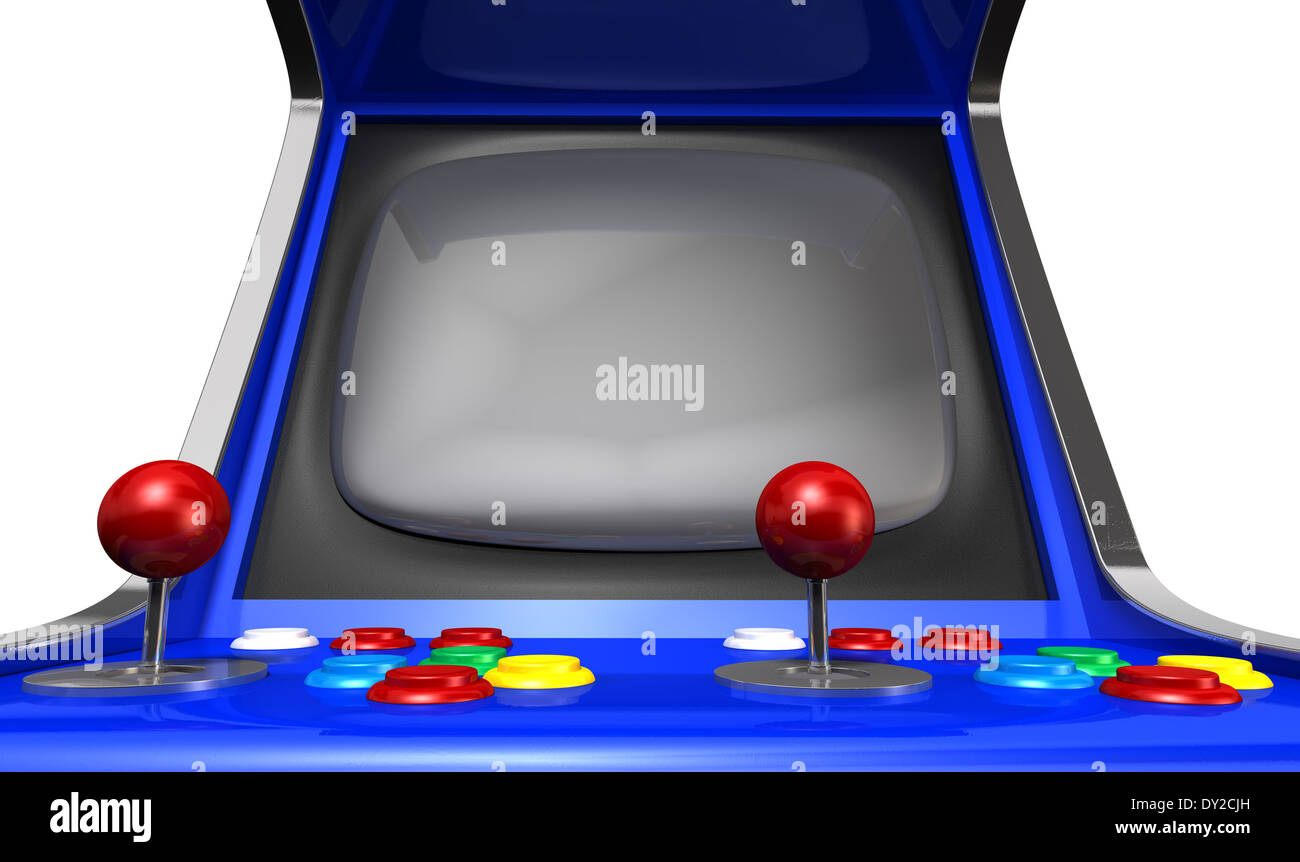 A vintage arcade game machine with colorful controllers and a screen on ...