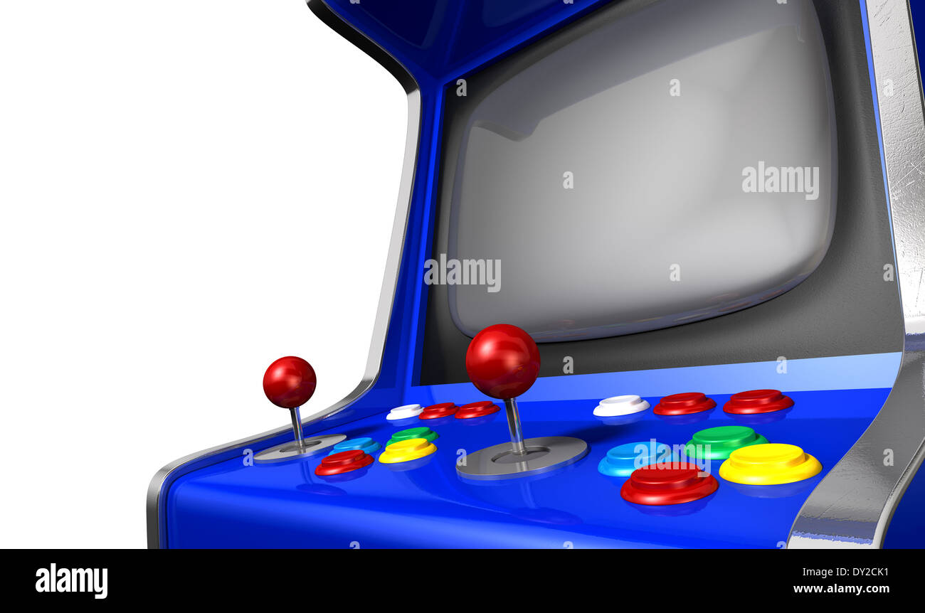 A vintage arcade game machine with colorful controllers and a screen on ...