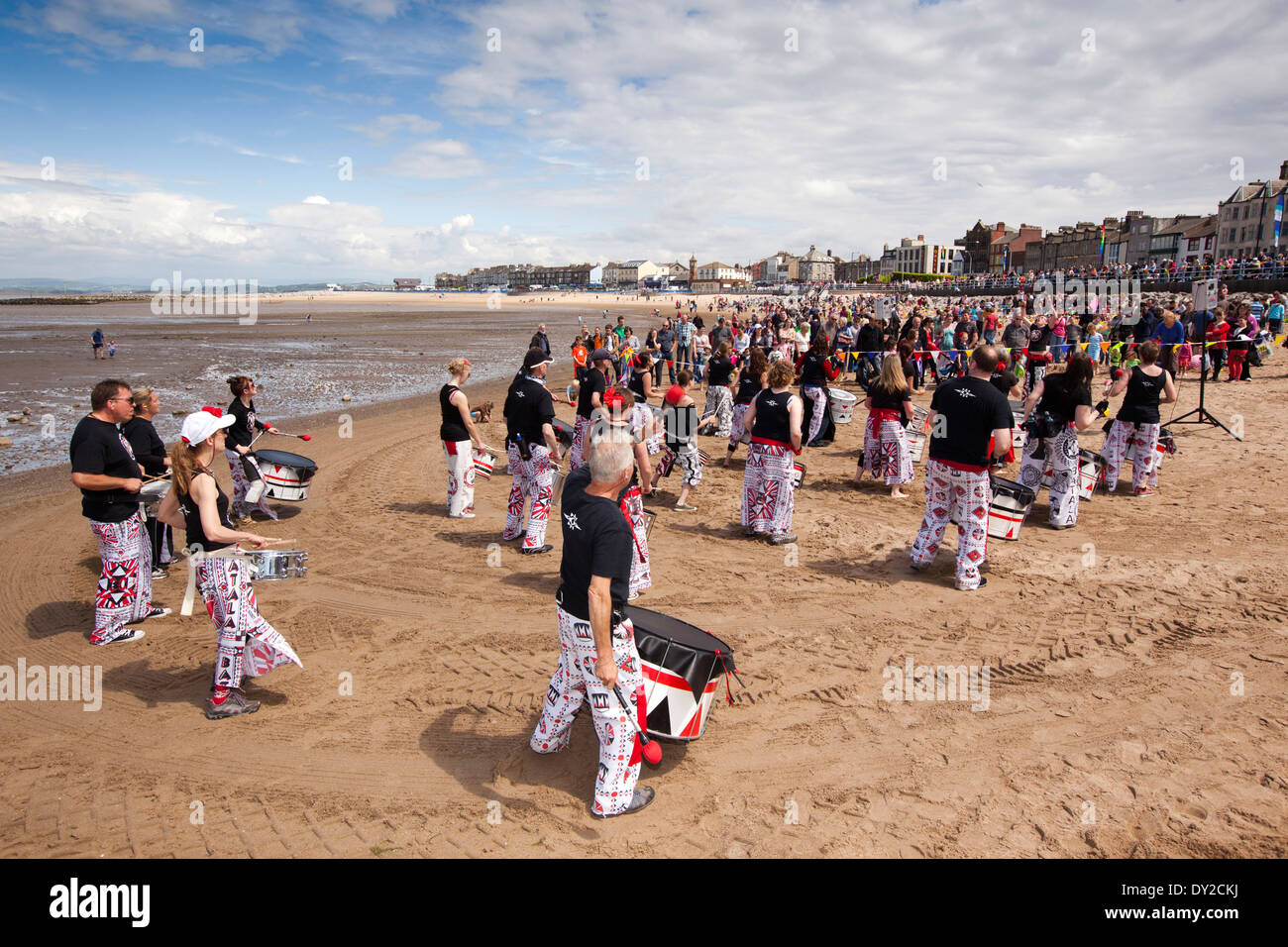 UK, England, Lancashire, Morecambe, Batala Brazilian drumming troupe on ...