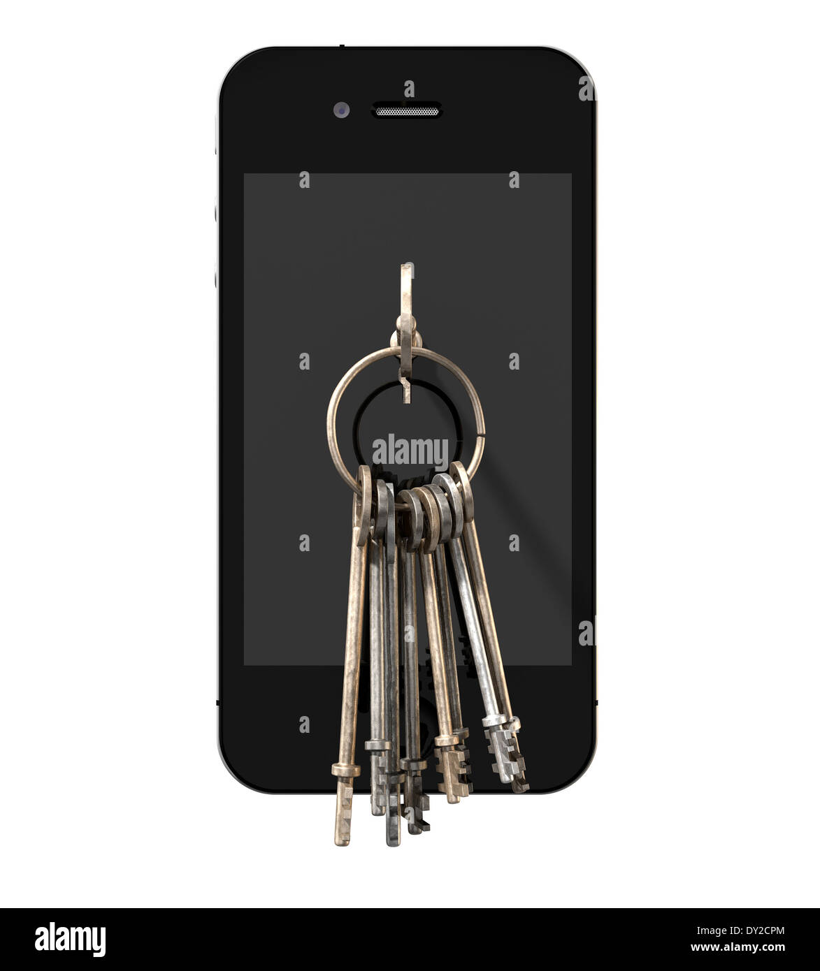 A bunch of vintage metal keys inserted into a keyslot on the screen on ...