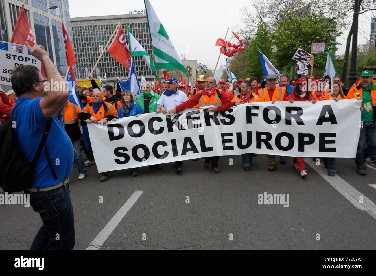 Protesters from European trade unions during demonstration 'A new path ...