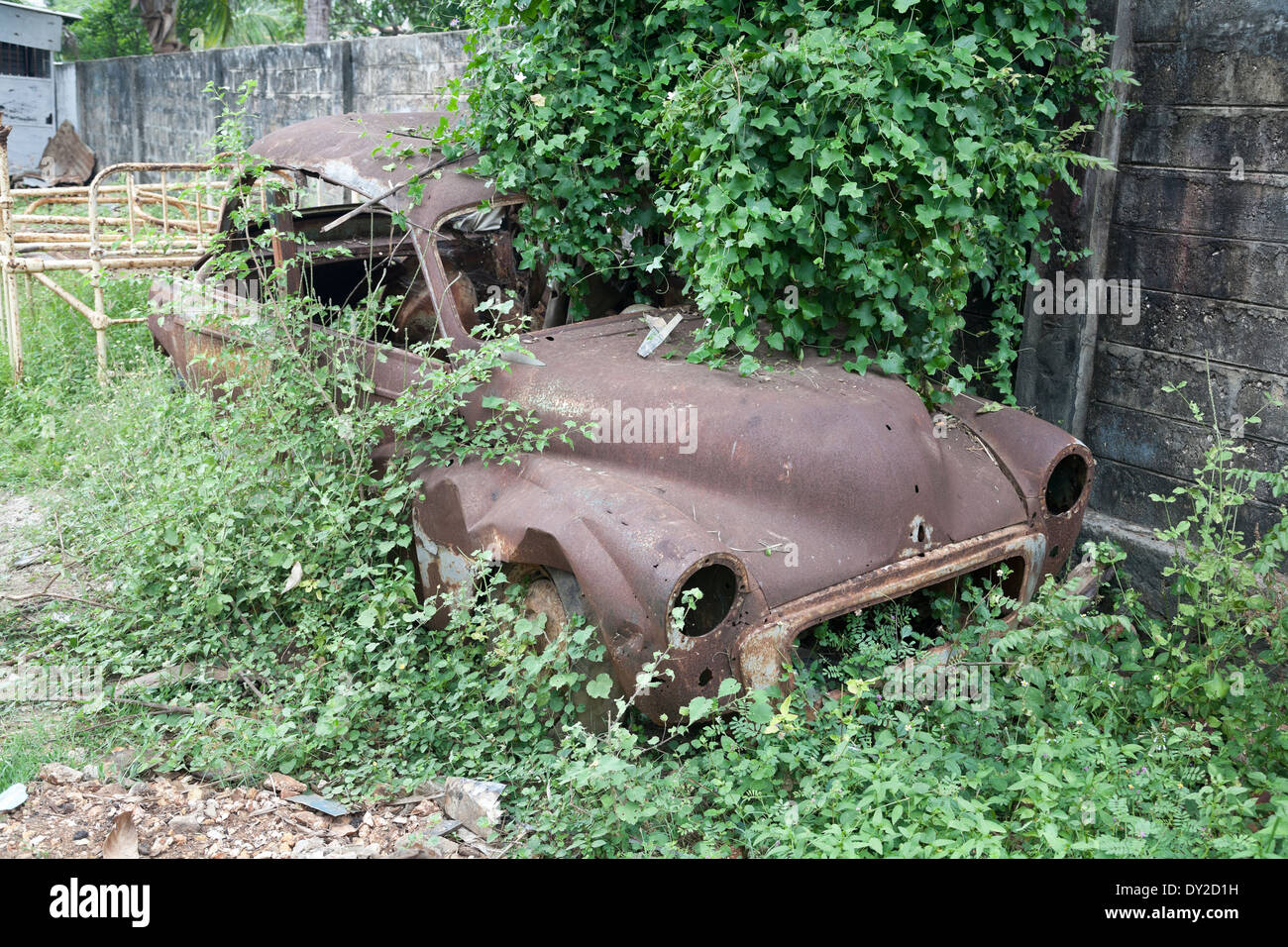 Jaffna, Sri Lanka, South Asia. Old Austin Morris Minor car in scrap ...
