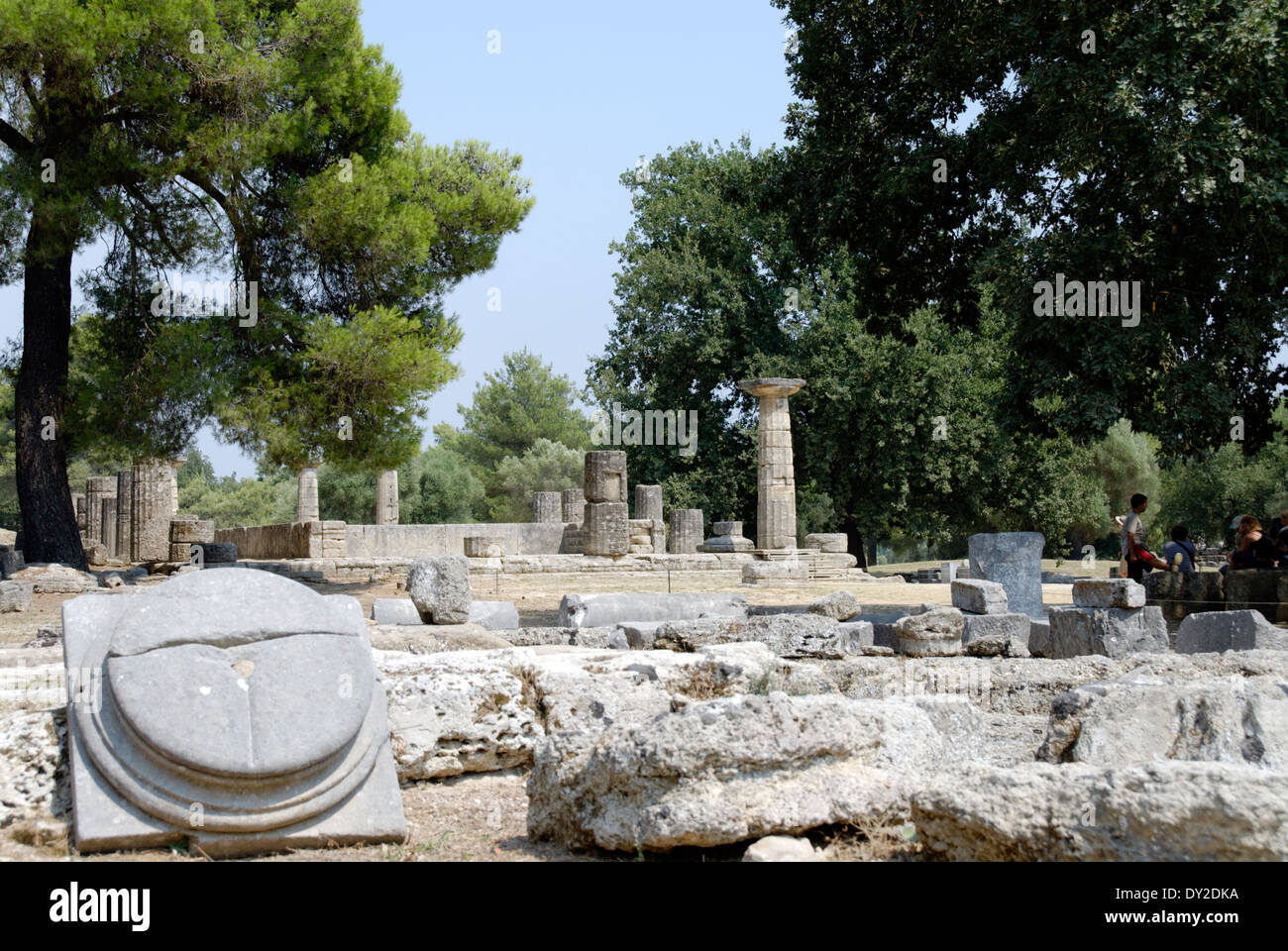 View across fallen ruins to Temple Hera Ancient Olympia Peloponnese ...