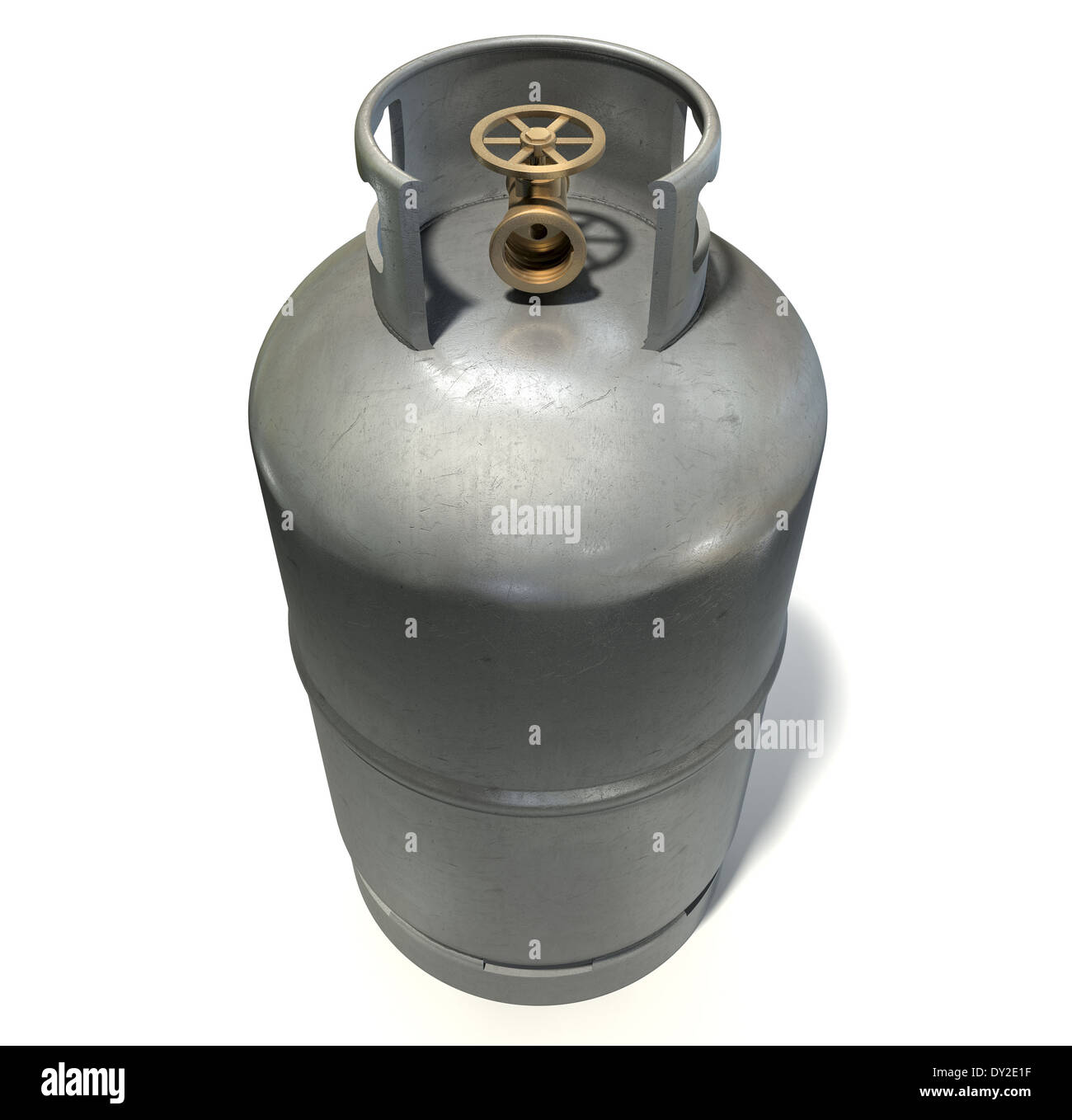 A clean unbranded metal gas cylinder with a bronze valve on an isolated ...
