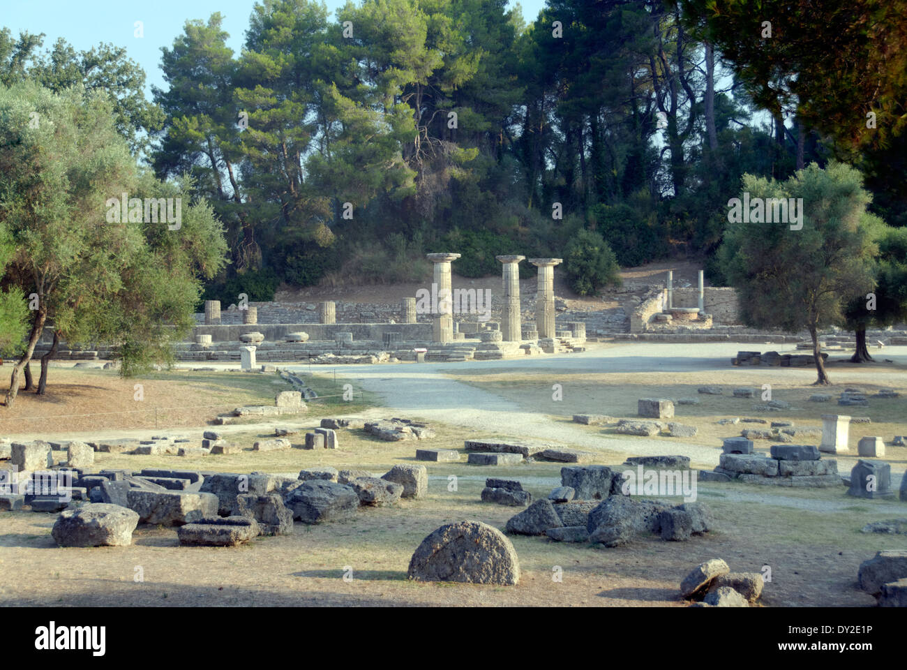 View across sanctuary Zeus to Temple Hera Ancient Olympia Peloponnese ...