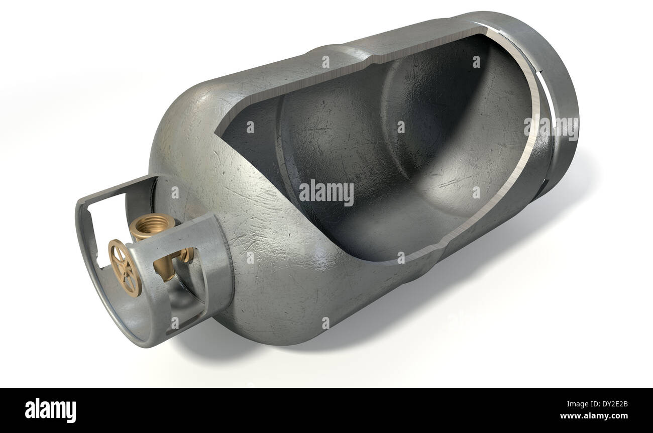 A clean unbranded metal gas cylinder with a a section cut away reveling ...