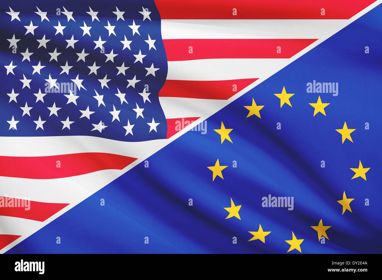 Flags of USA and European Union blowing in the wind. Part of a series ...