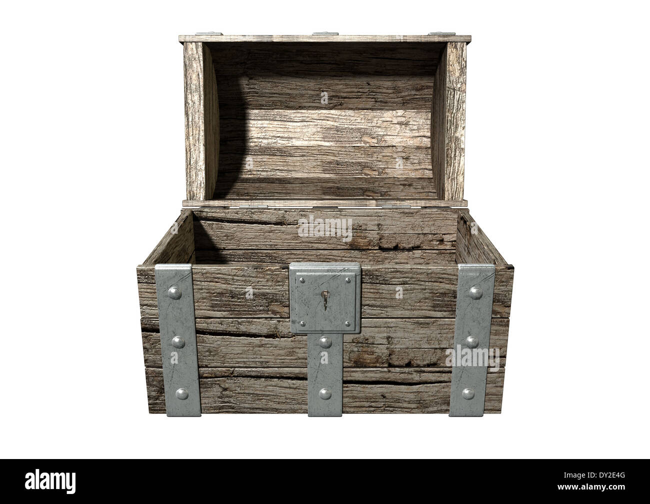 An open empty old classic wood and iron treasure chest with a metal ...