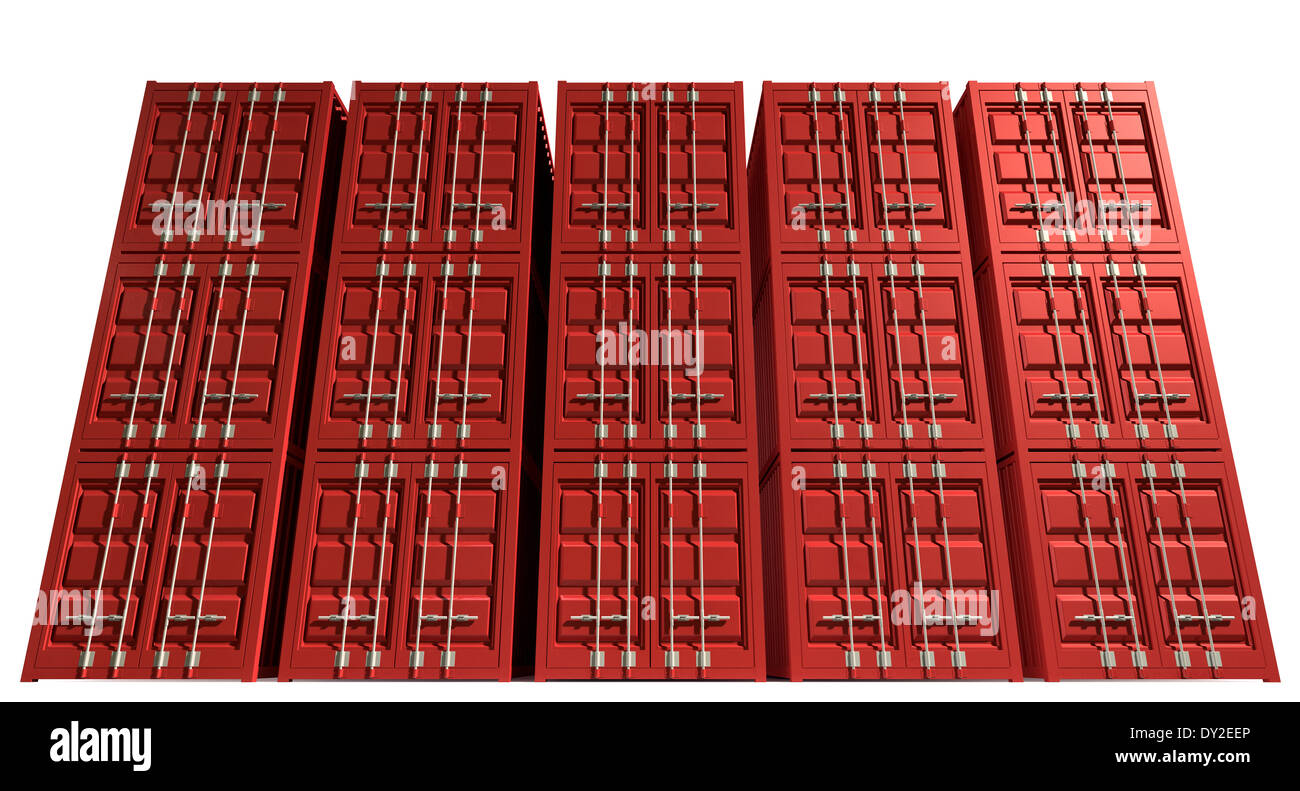 A render of a stack of fifteen red shipping containers on an isolated ...