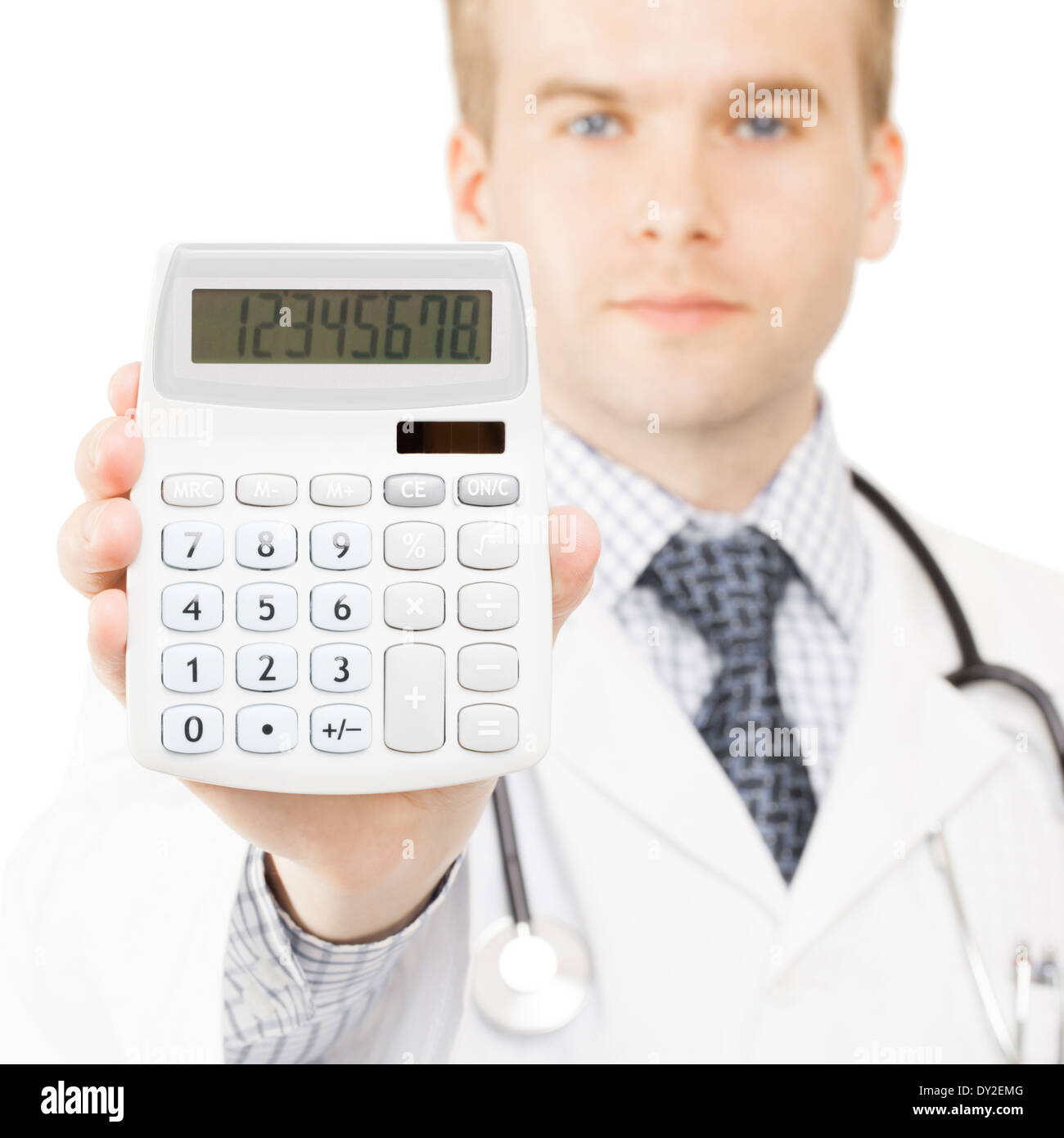 Medical doctor with calculator in his right hand Stock Photo - Alamy