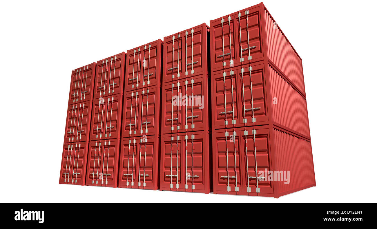 A render of a stack of fifteen red shipping containers on an isolated ...